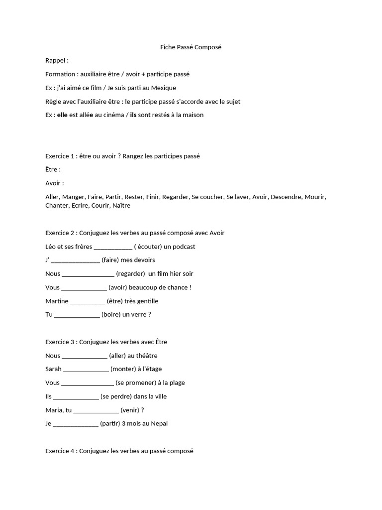 Passé Composé Exercices | PDF