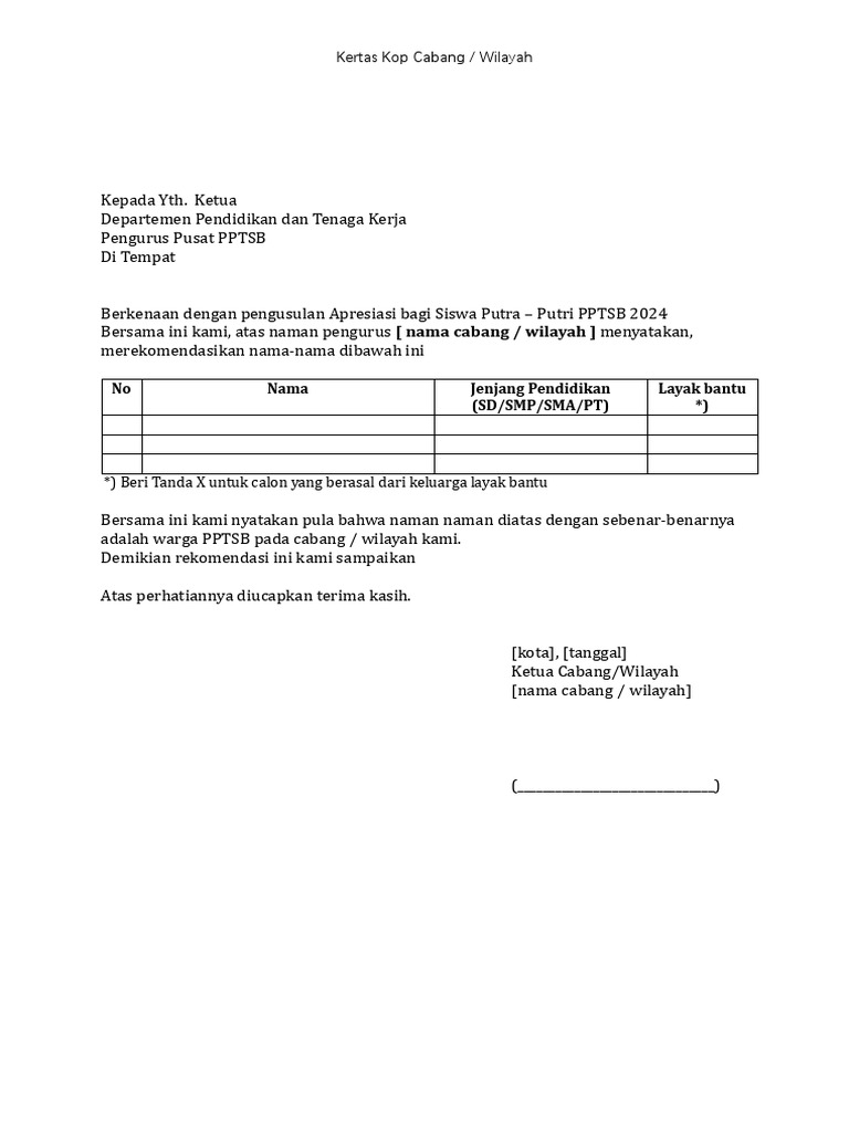 Contoh Surat Rekomendasi CABANG WILAYAH Pemberian Apresiasi Prestasi Siswa-Siswi PPTSB Sebar | PDF