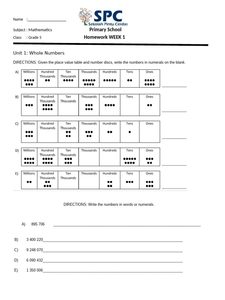 Week 1-9 Math HW Grade 5 Semester 1 | PDF