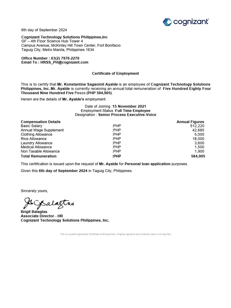 This Is A System Generated Certificate of Employment. Original ...