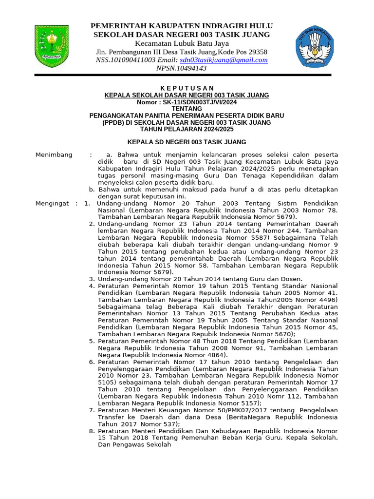 SK PPDB SD Negeri 003 Tasik Juang TP 2023 2024 | PDF