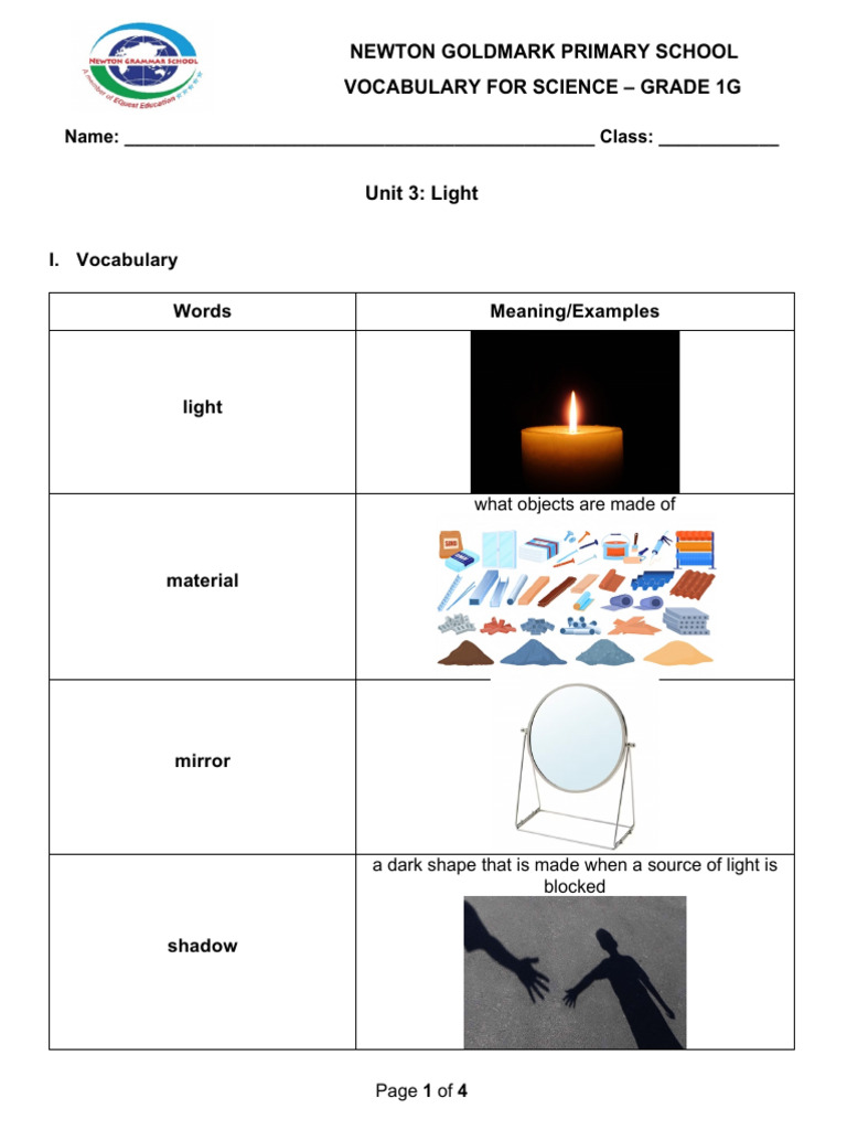 Wordlist-1G-Grade 1-Unit 3-Light | PDF