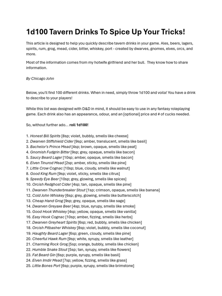 100 D&D Tavern Drinks Guide | PDF | Dwarf (Dungeons & Dragons) | Home ...