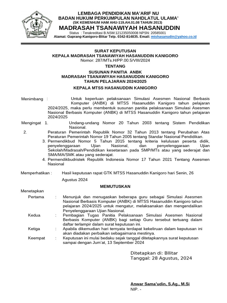 SK PANITIA ANBK 2024'2025 | PDF