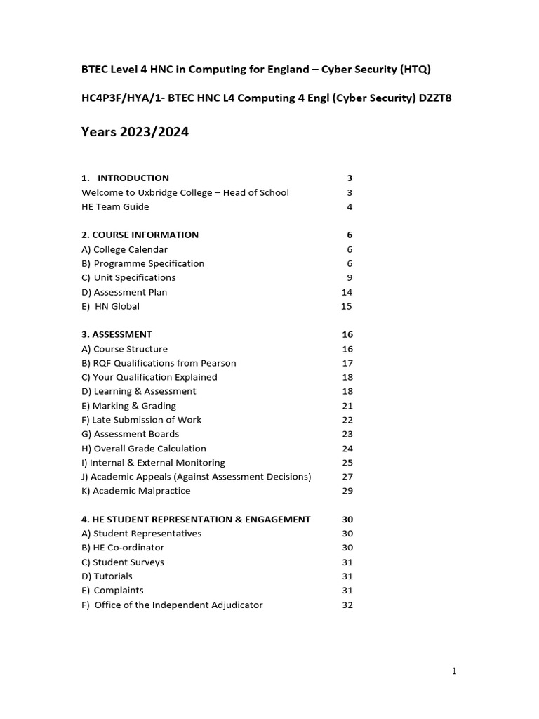 Pearson HNC BTEC Level 4 HNC in Computing HTQ 2023-2024-Cyber Security Full Time FINAL | PDF