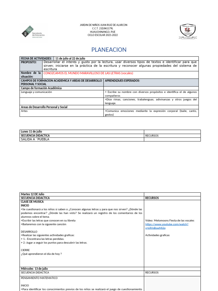 Planeacion Conociendo El Maravilloso Mundo de Las Letras (Vocales) | PDF