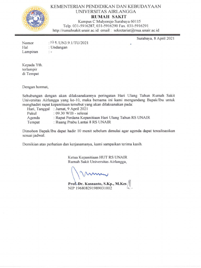 224 Undangan Rapat Perdana Kepanitiaan HUT RS UNAIR | PDF