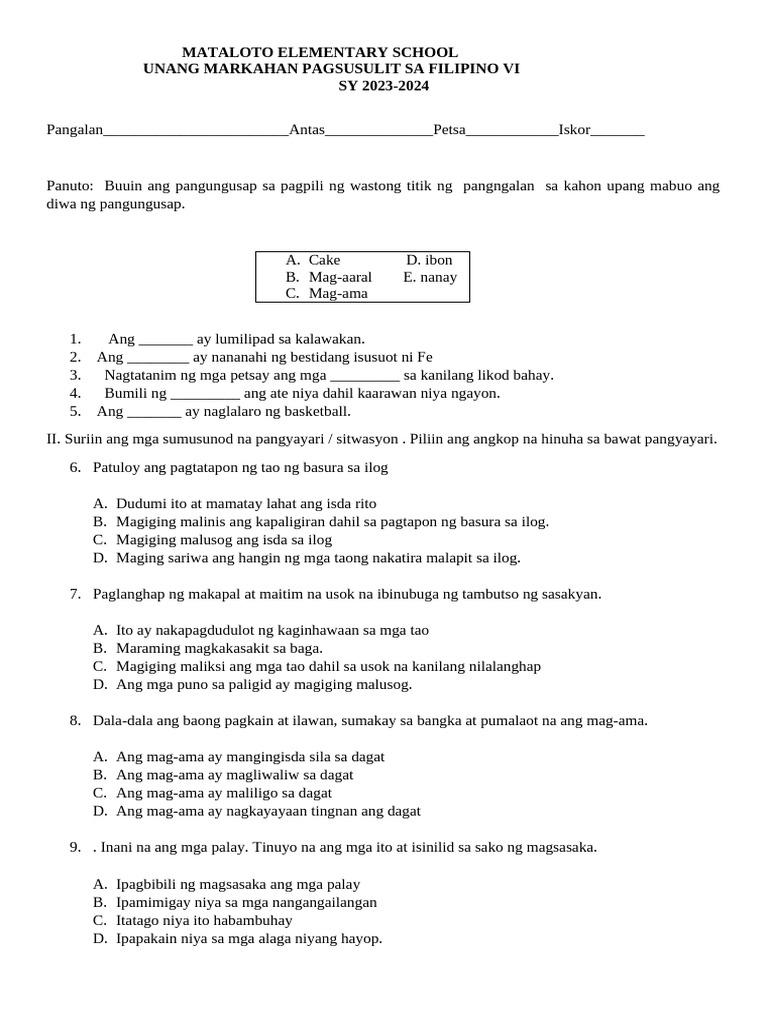 PT - Filipino 6 - Q1 | PDF