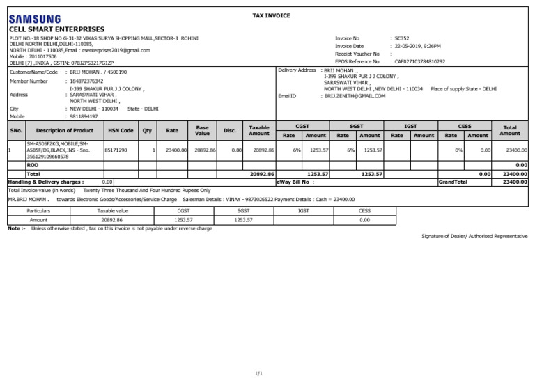 Tax Invoice for Mobile Purchase | PDF | Public Finance | Taxation