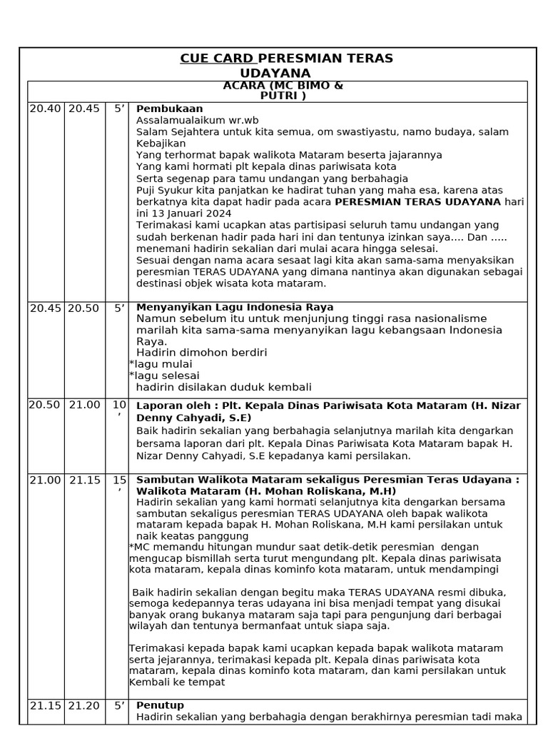 Cue Card Peresmian Teras Udayana | PDF