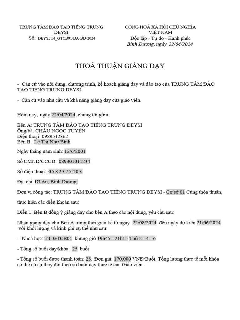 Contract - Class - T4 - GTCB01 - Nhu Binh | PDF