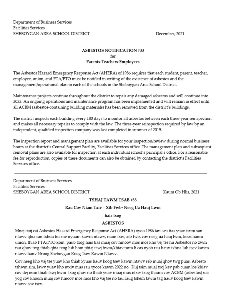 2021 Annual Asbestos Notice 3 Languages | PDF