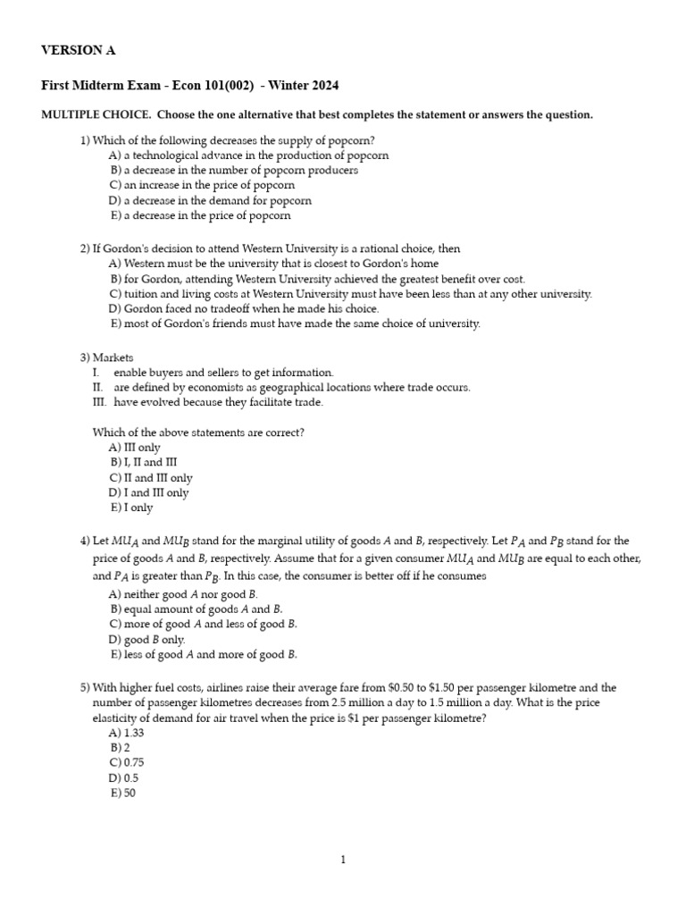 Econ101-Mid1-24-VERSION A-AnswerKey | PDF