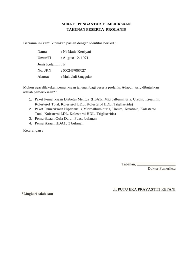 Surat Pengantar Pemeriksaan Tahunan Prolanis DM HT GDP | PDF