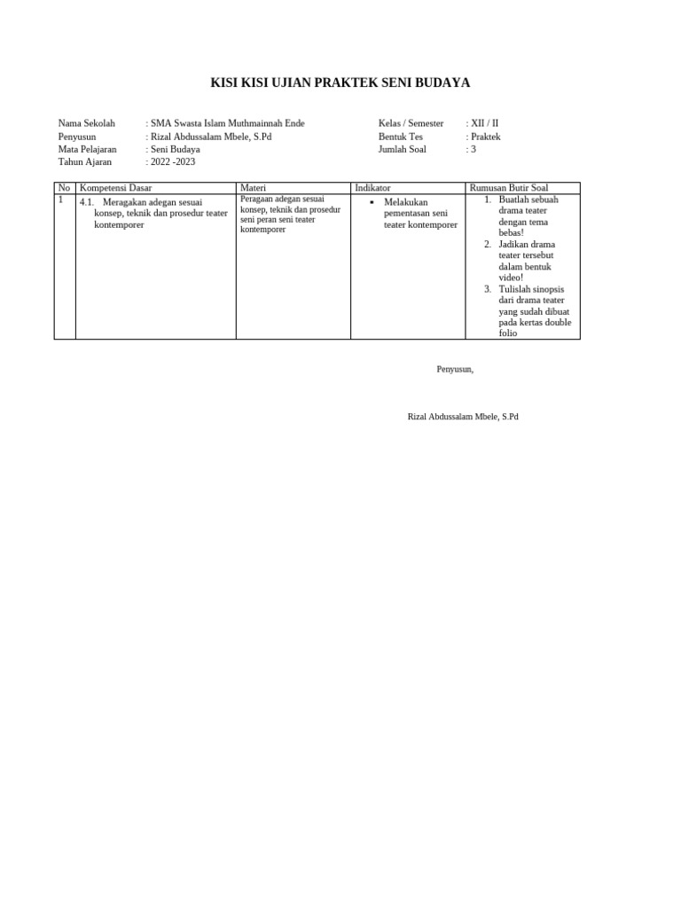 Kisi Kisi Ujian Praktek Seni Budaya Us 2022 - 2023 | PDF