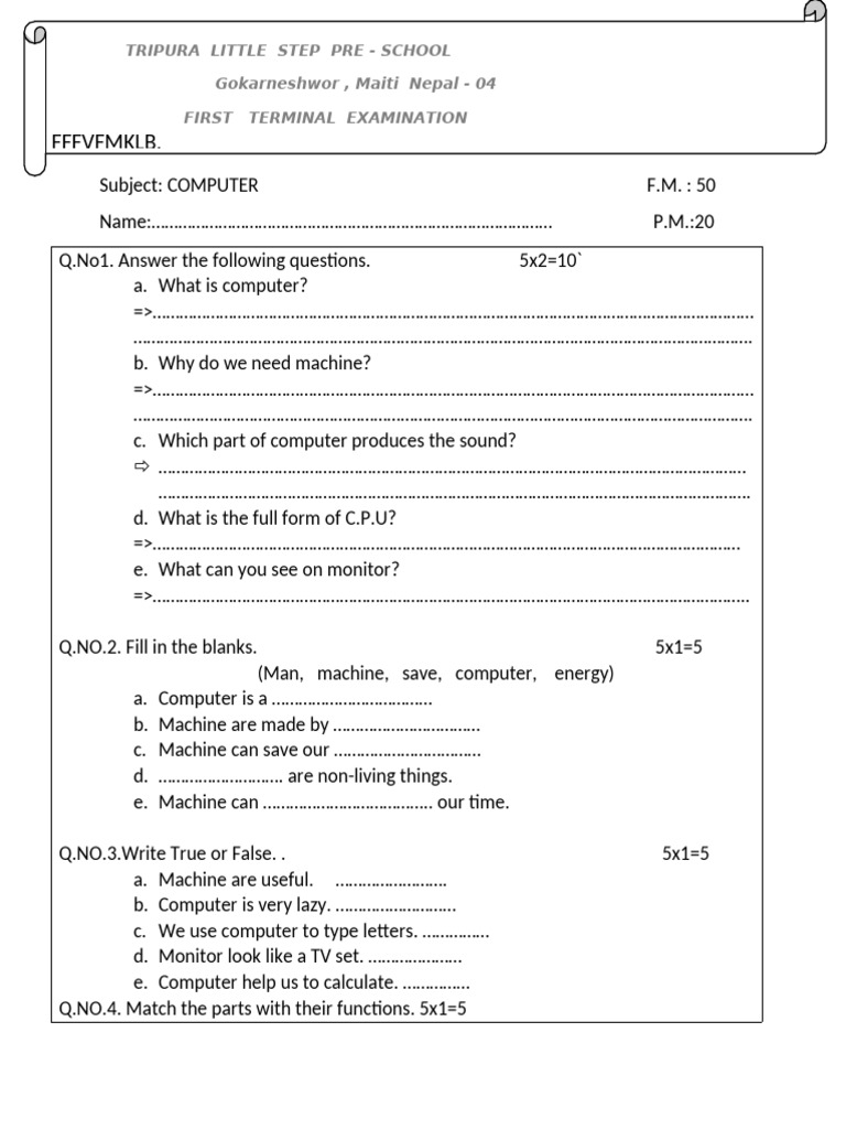 1ST Term Class 1 Computer Quest 2079 | PDF