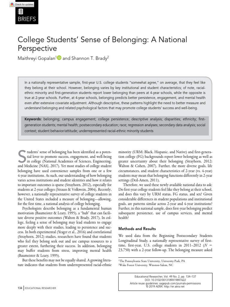 Goplan and Brady - A National Perspective On College Students' Sense of ...