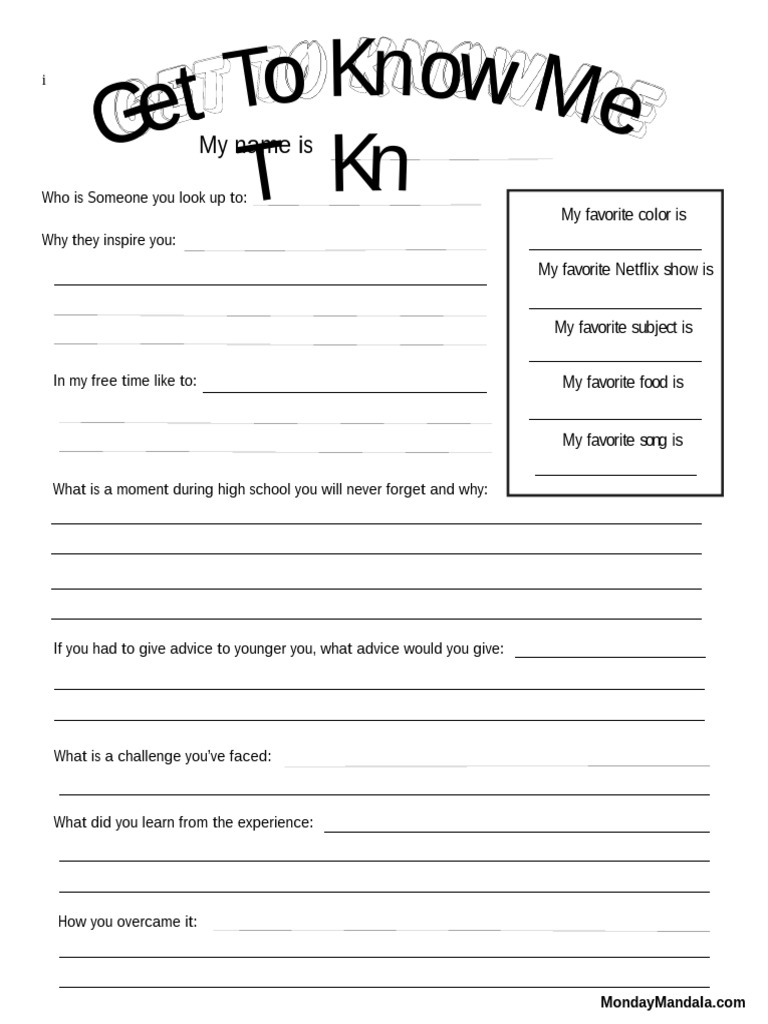 Interesting High School Get To Know Me Printable Worksheet | PDF