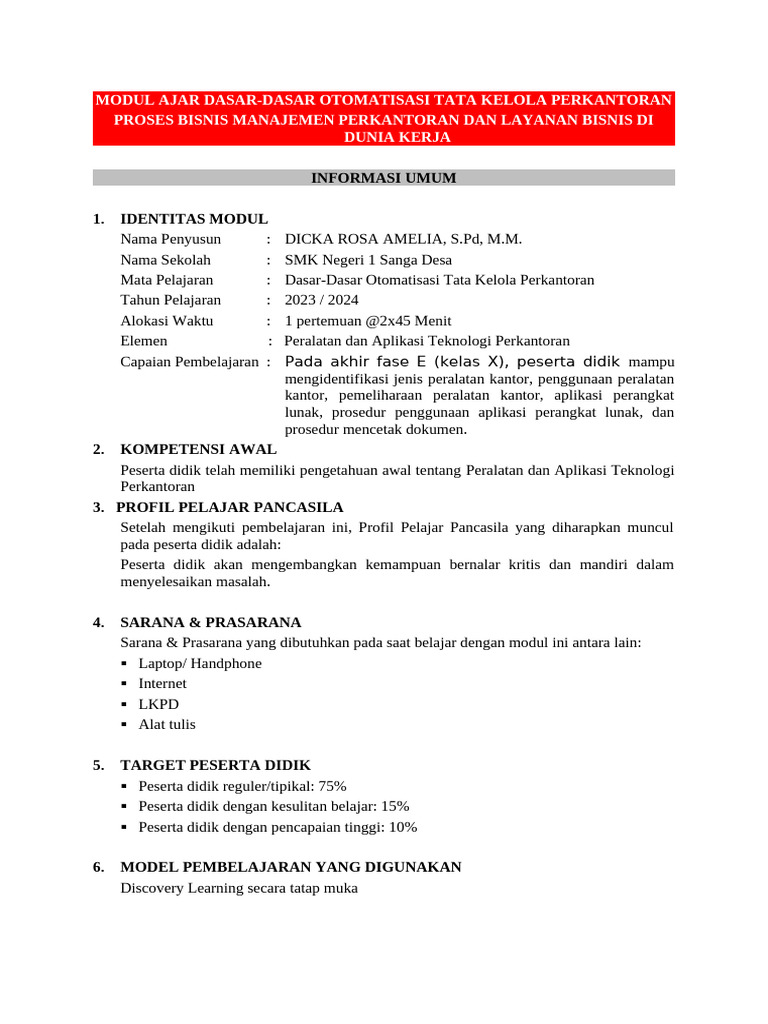 MODUL AJAR Observasi Mapel DDPK OTKP | PDF