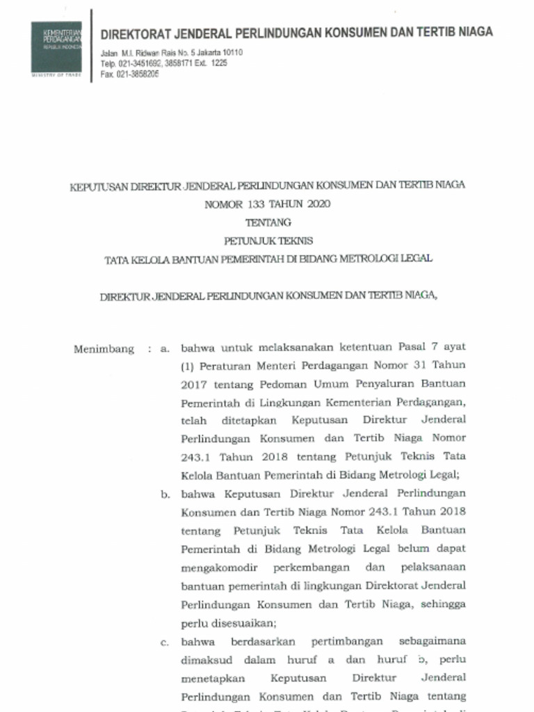 Juknis No 133 Tahun 2020 TTG Tata Kelola Bantuan Pemerintah Di Bidang Metrologi Legal | PDF