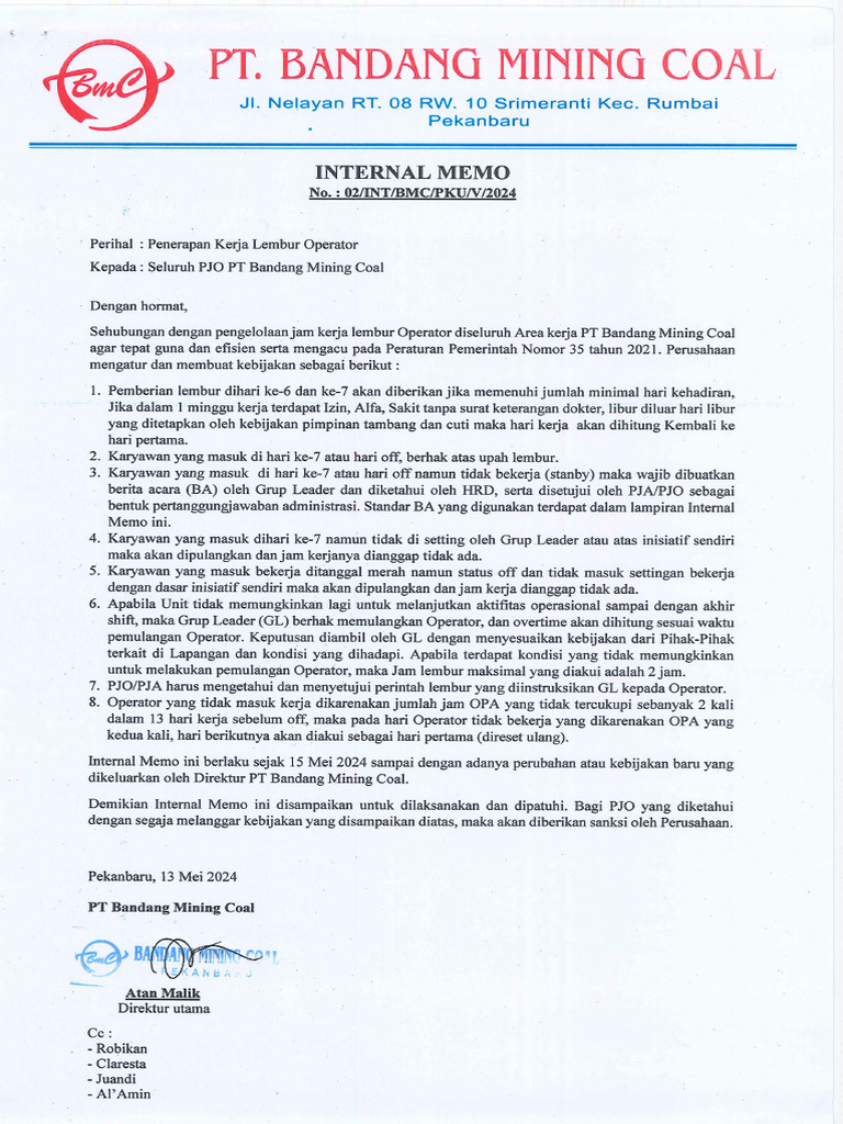 Internal Memo PT BMC | PDF