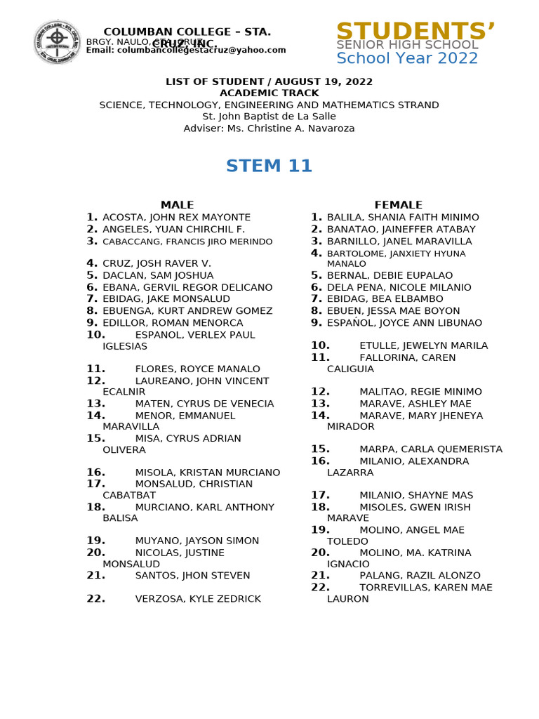 WORD DOCUMENT LIST OF STUDENTS | PDF