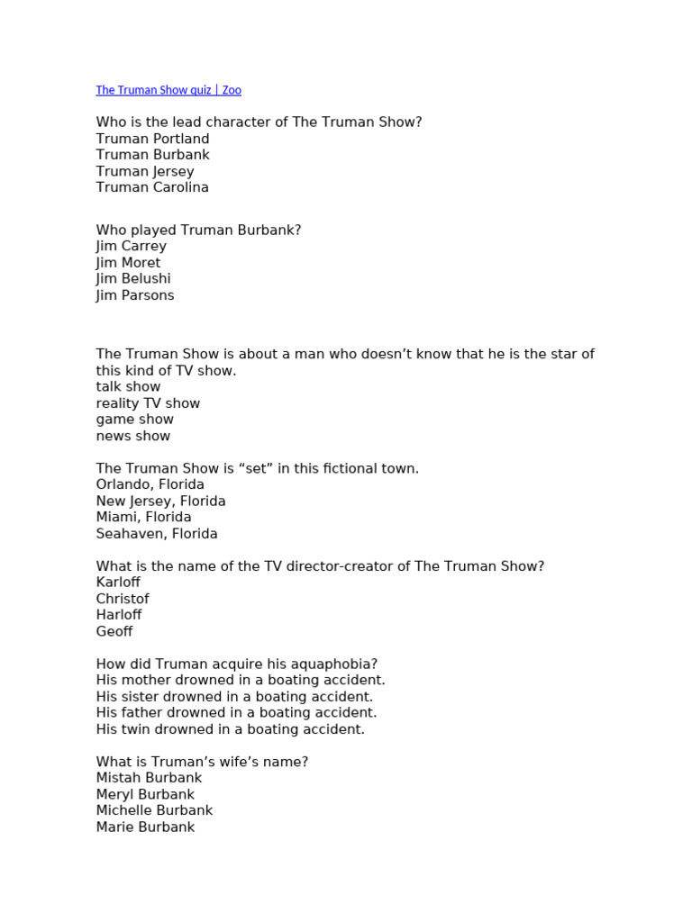 The Truman Show Quiz | PDF | Art | Young Adult