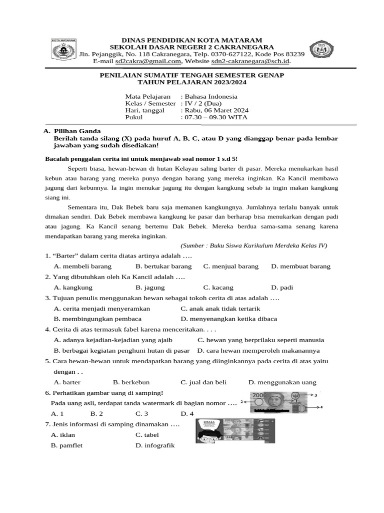 Soal PTS BHS - Indo SMT 2 KLS 4 2024 | PDF