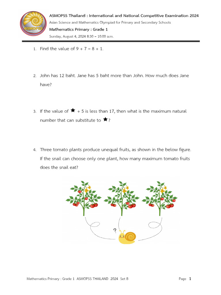 ข้อสอบคณิตศาสตร์ ASMOPSS 2024 ป.1 ชุด B | PDF