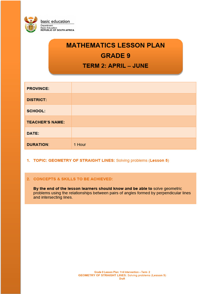 Geometry of Straight Lines Term 2 Lesson 5 Grade 9 | PDF