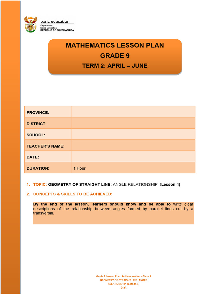 Geometry of Straight Lines Term 2 Lesson 4 Grade 9 | PDF