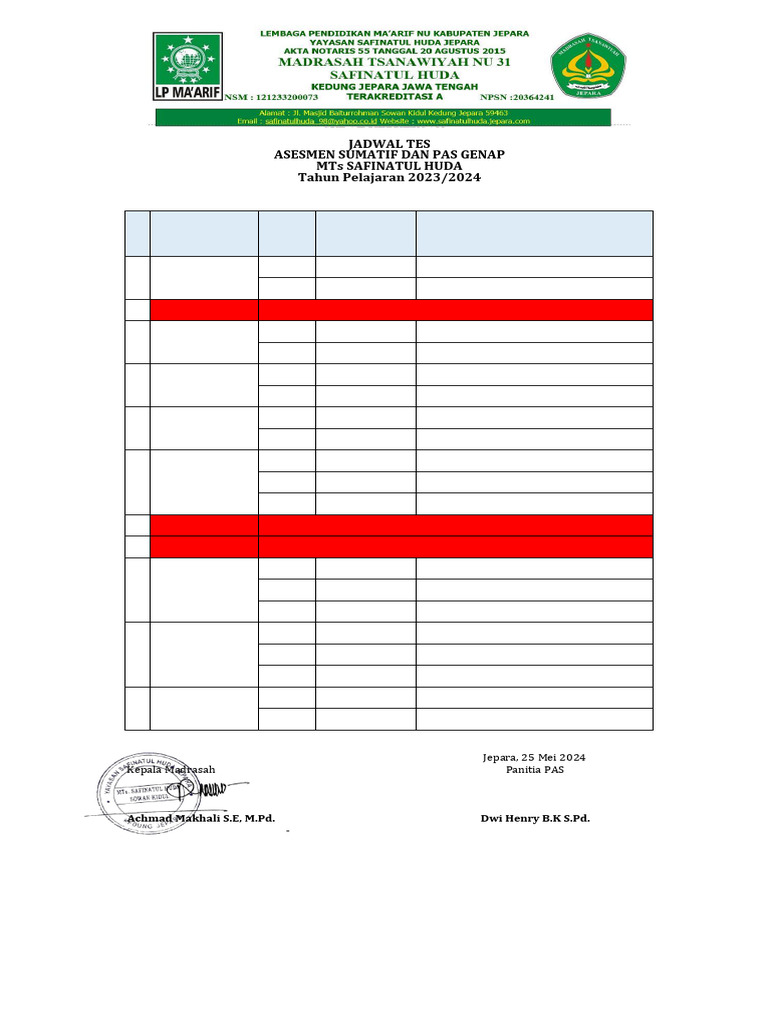 JADWAL PAS GENAP MTs 2023-2024 | PDF