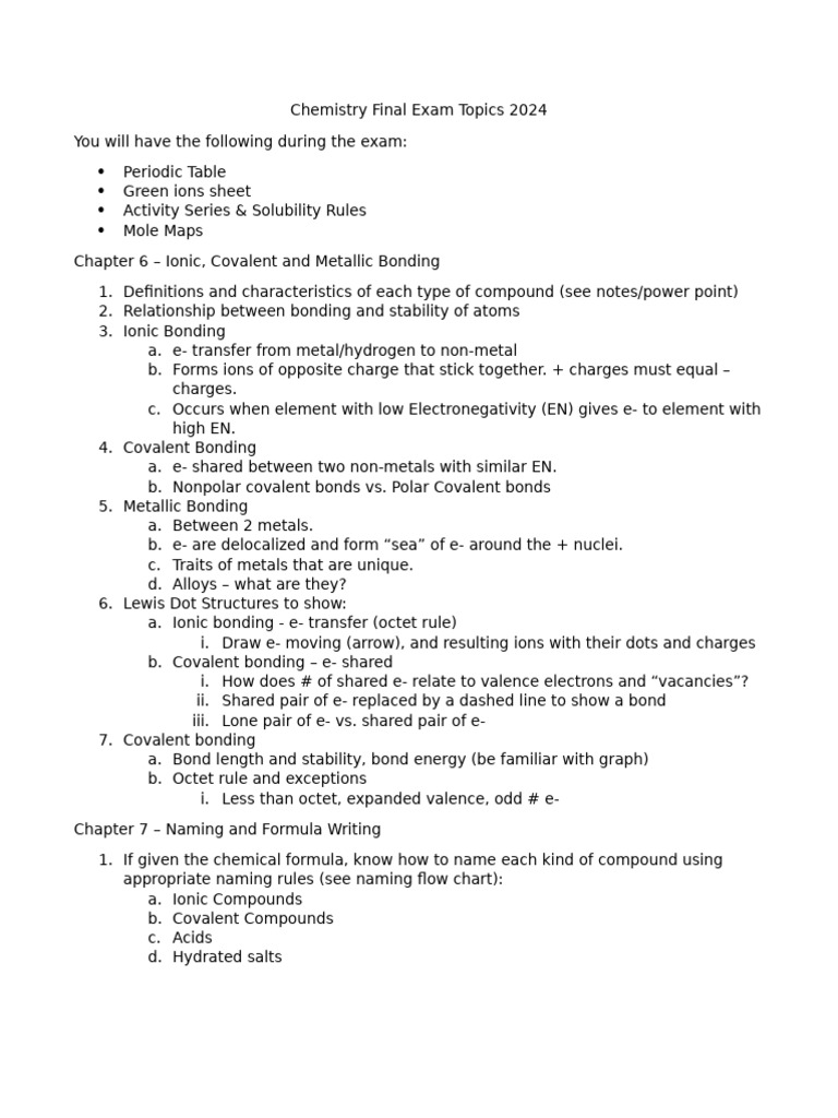 Chem Final Exam Topics 2024 | PDF