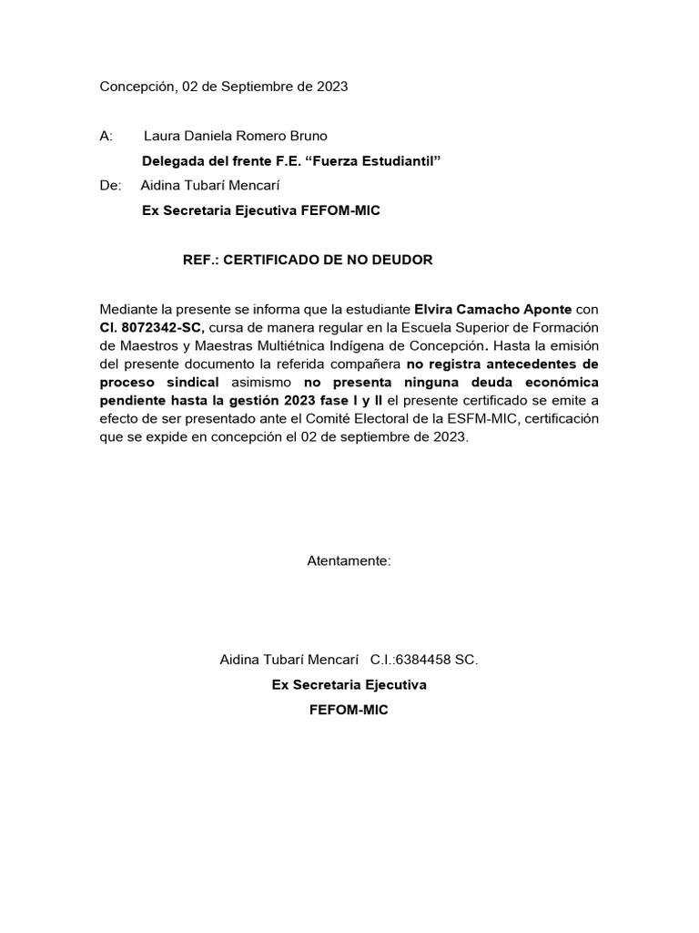 CERTIFICADO DE NO DEUDOR-2 Elvira | PDF