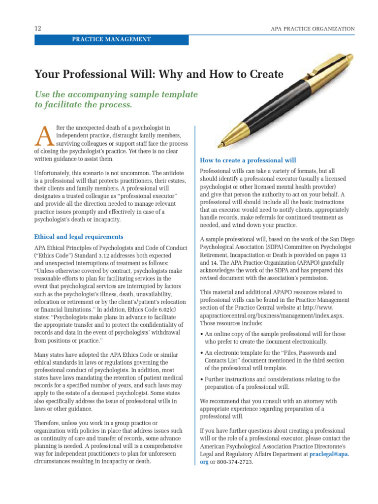 Professional Wills for Psychologists | PDF | American Psychological Association | Career & Growth