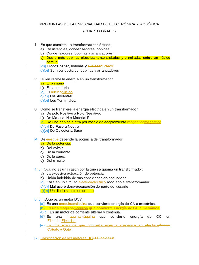 Preguntas de La Especialidad de Electrónica y Robótica Cuarto Grado | PDF | Transformador ...
