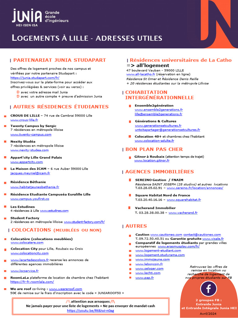 Junia Studapart Lille Fiche Logement 24 25 Au 11 04 24 | PDF