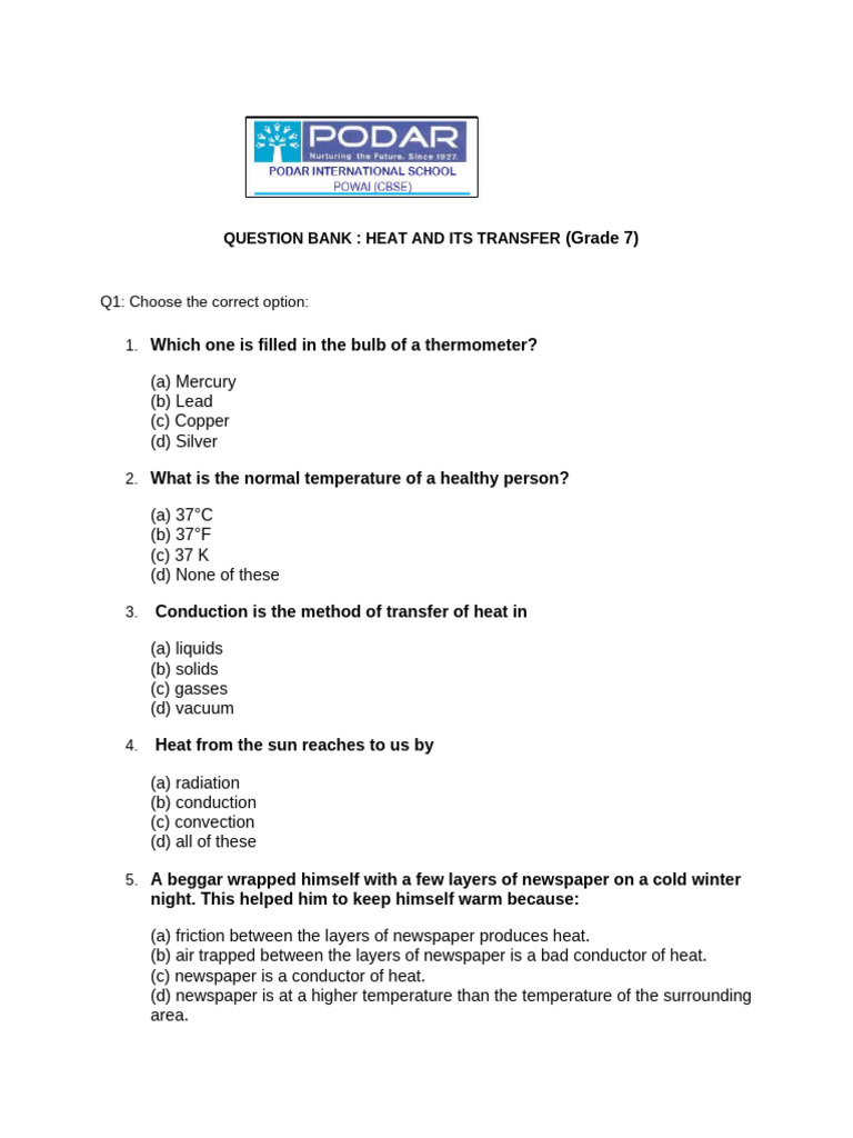 Question Bank - Heat and Its Transfer | PDF