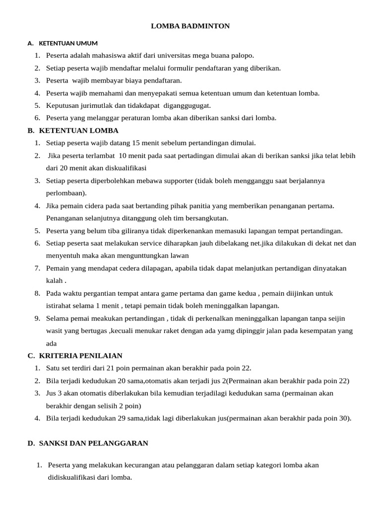 PERATURAN LOMBA BADMINTON 17 Agustus | PDF