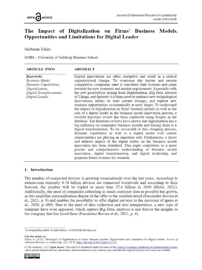 View of The Impact of Digitalization On Firms' Business Models - Opportunities and Limitations ...