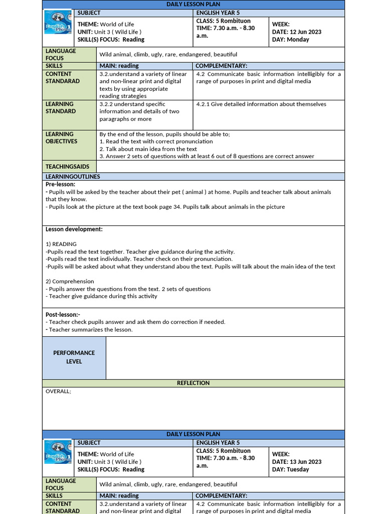 Year 5 Daily Lesson Plan Newtemplate | PDF