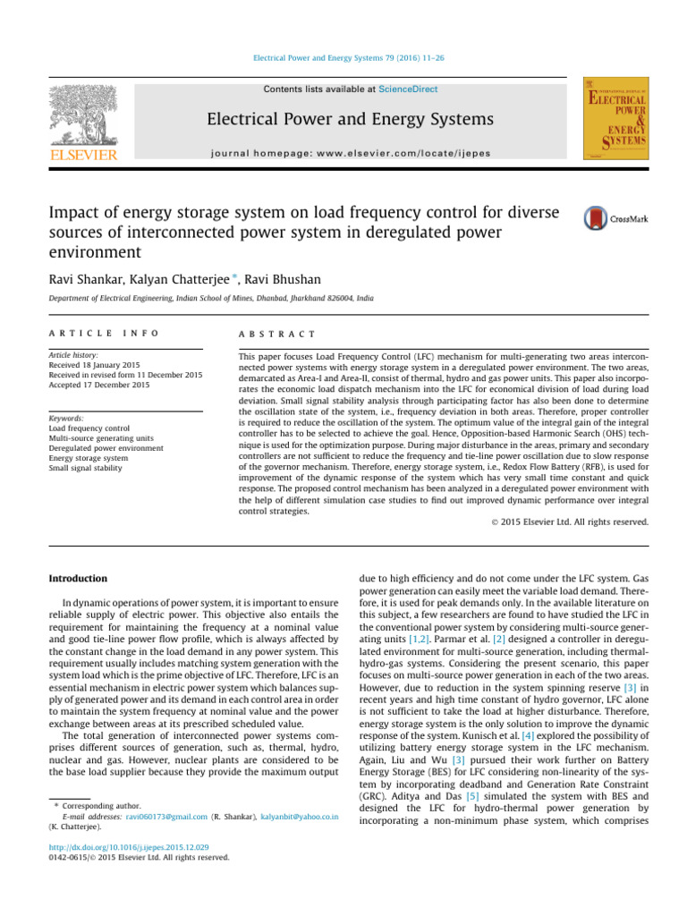 Impact of Energy Storage System On Load Frequency Control For Diverse Sources of Interconnected ...