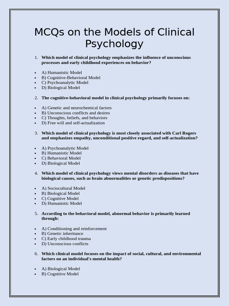 MCQs On The Models of Clinical Psychology | PDF