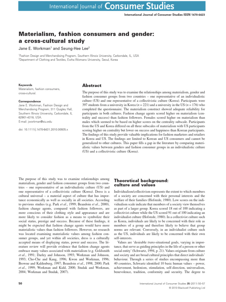 Int J Consumer Studies - 2010 - Workman - Materialism Fashion Consumers and Gender A Cross ...