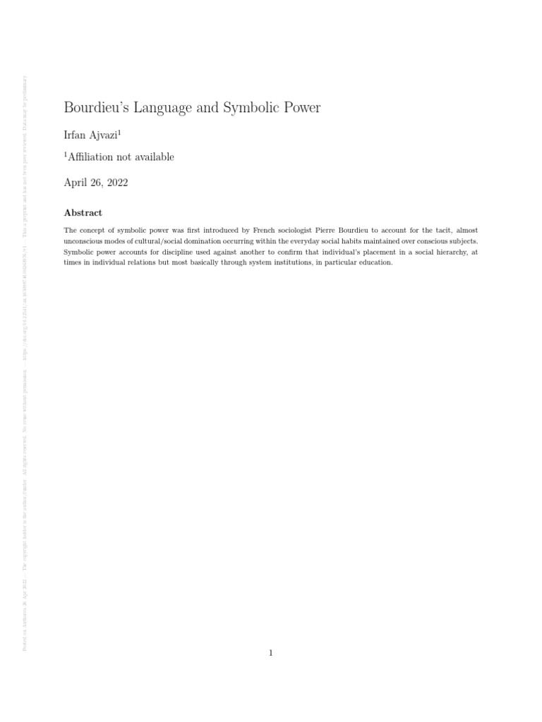 Bourdieu's Language and Symbolic Power: Irfan Ajvazi Affiliation Not ...