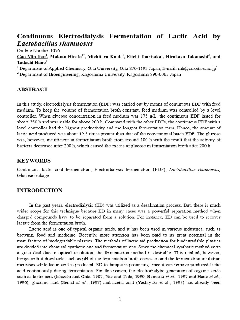 Continuous Electrodialysis Fermentation of Lactic Acid by Lactobacillus Rhamnosus - Quan Trong | PDF