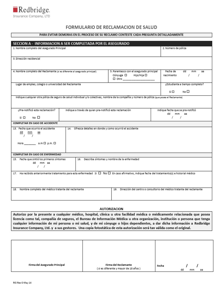Formulario de Reclamacion Salud | PDF | Ciencias de la Salud | Medicina CLINICA