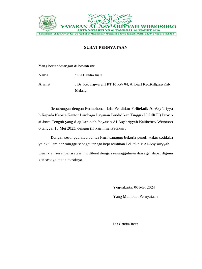 Surat Kesanggupan Penuh Waktu. LIA | PDF