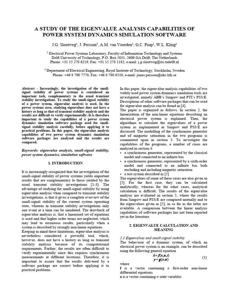 A Study of The Eigenvalue Analysis Capabilities of Power System Dynamics Simulation Software | PDF