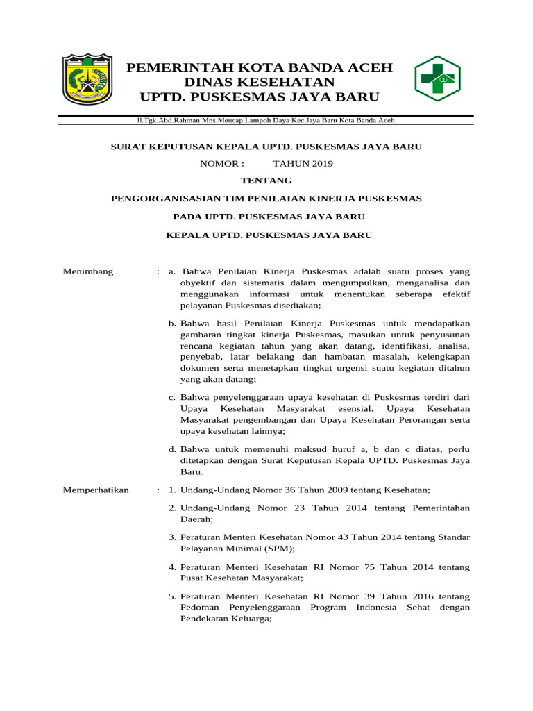 SK Kepala Puskesmas 2018 pkp | PDF